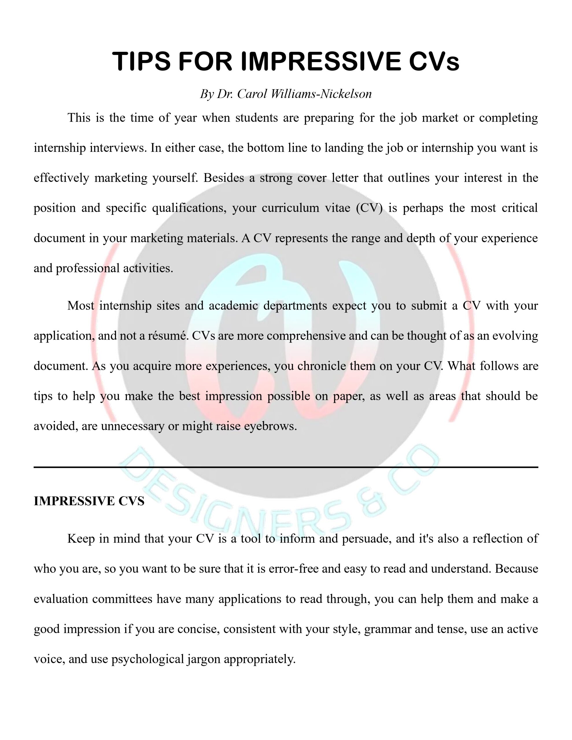 Tips for impressive CVs – CV Designers & Co